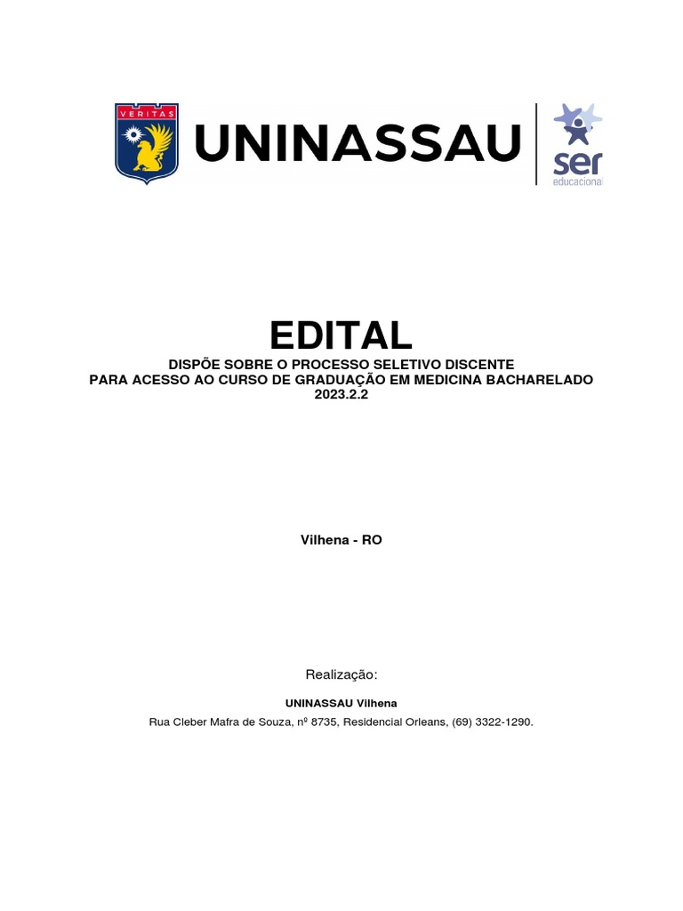 Edital Vestibular MEDICINA 2023.2.2 - Uninassau Vilhena | PDF | Ciências e Matemática