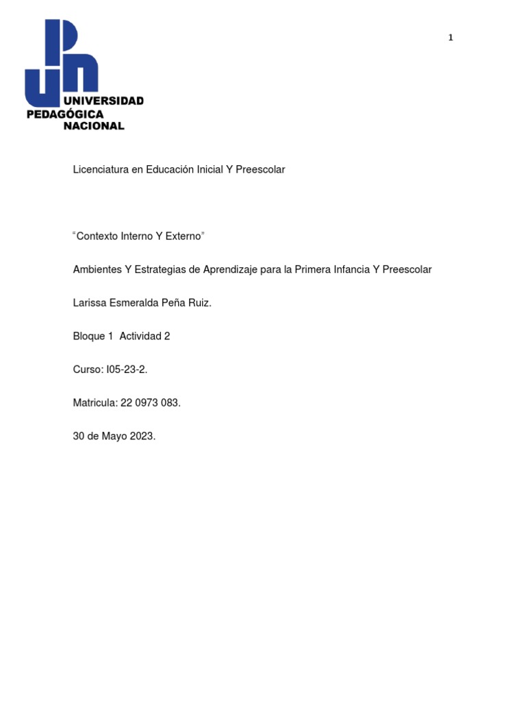 Contexto Interno Y Externo Act 2 Bloque 1 | PDF | Educación de la primera infancia