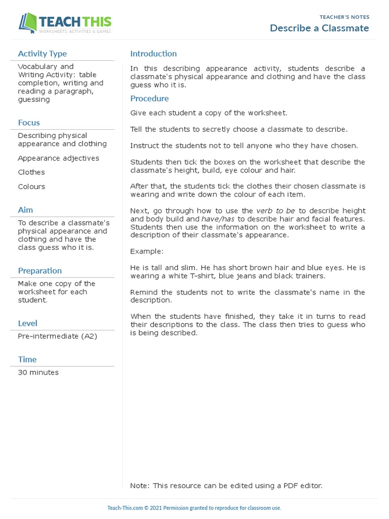 Describe A Classmate Esl | PDF | Clothing | Softlines (Retail)