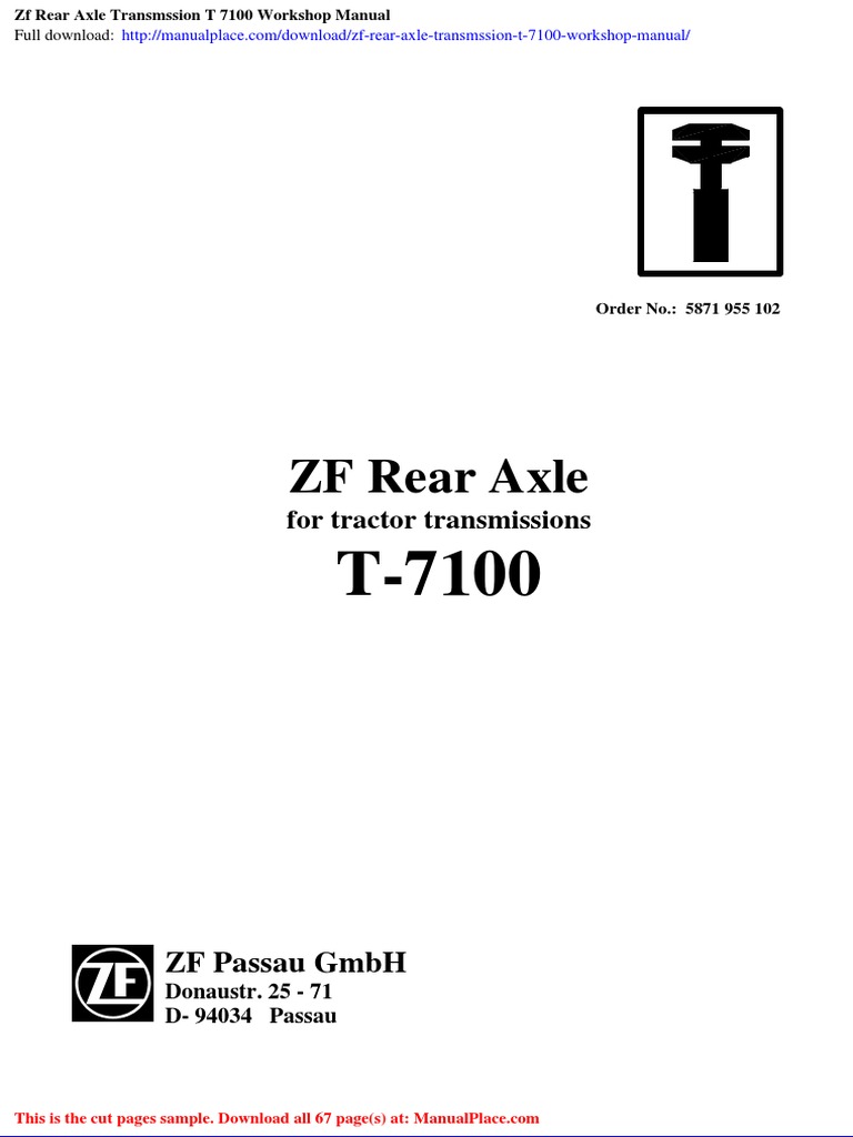 ZF Rear Axle Transmssion T 7100 Workshop Manual | PDF