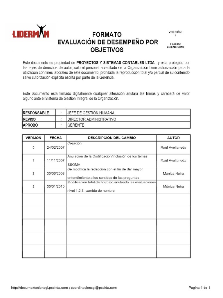 FORMATO EVALUACIÓN DE DESEMPEÑO POR OBJETIVOS | PDF
