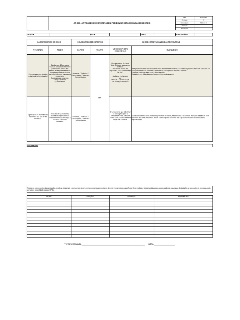 Ar 005– Atividades de Concretagem Por Bomba Estacionária (Bombeado) | PDF
