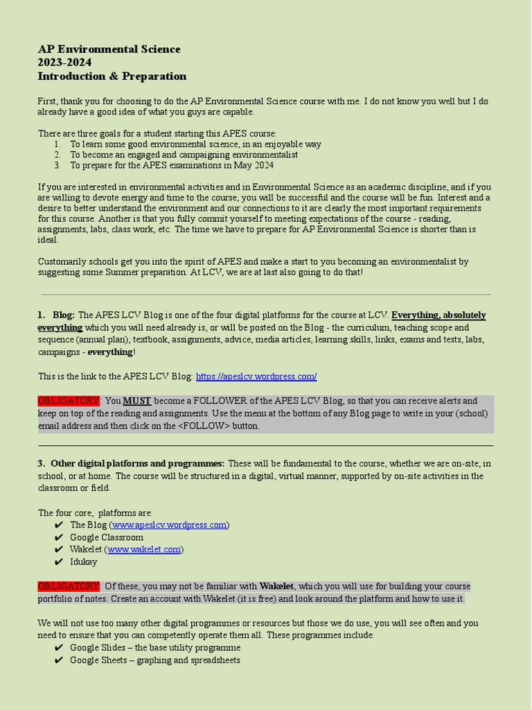 AP Environmental Science Course Overview | PDF | Advanced Placement ...
