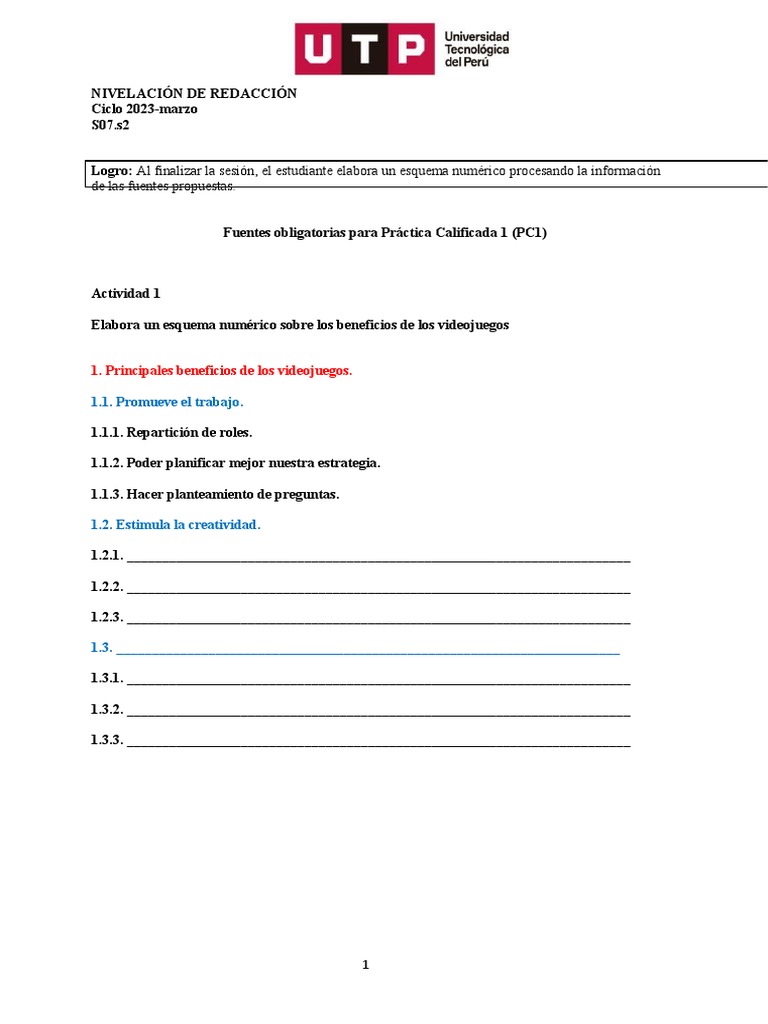 S07.s2-Práctica Calificada 1. Esquema (Material de Actividades) | PDF