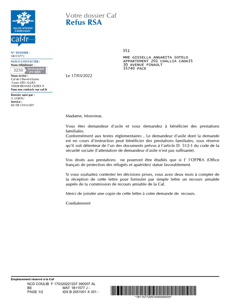 Recours amiable CAF pour refus RSA | PDF | Droit d'asile | Droits de l ...
