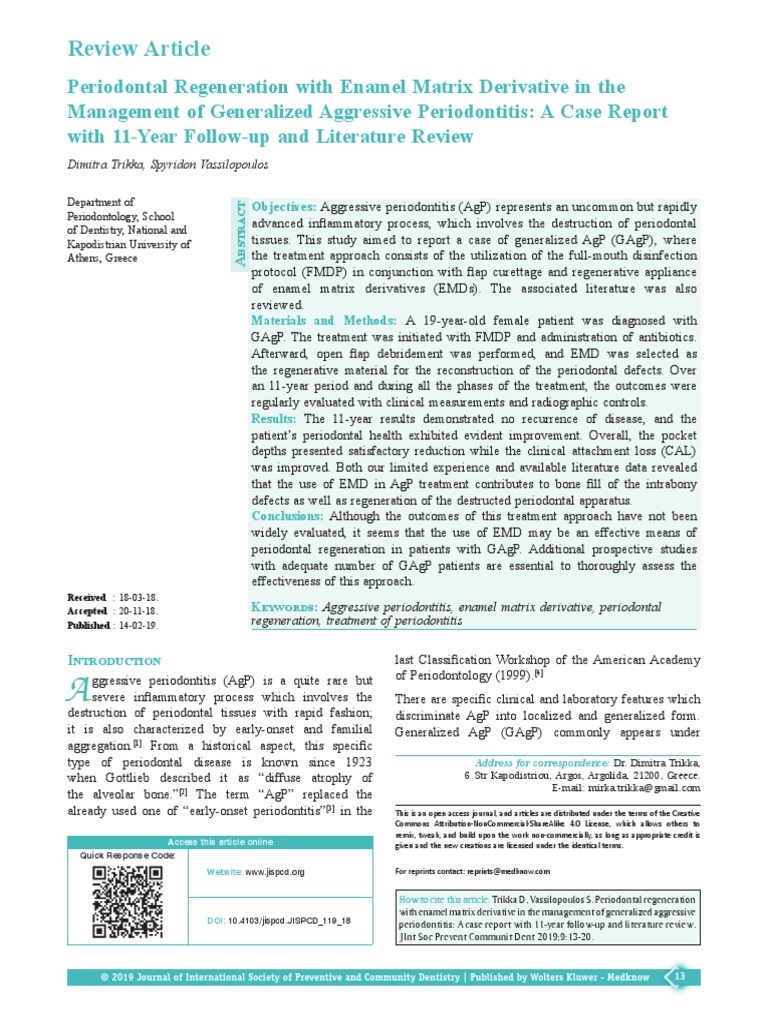 Periodontal Regeneration With Enamel Matrix Derivative in The | PDF ...