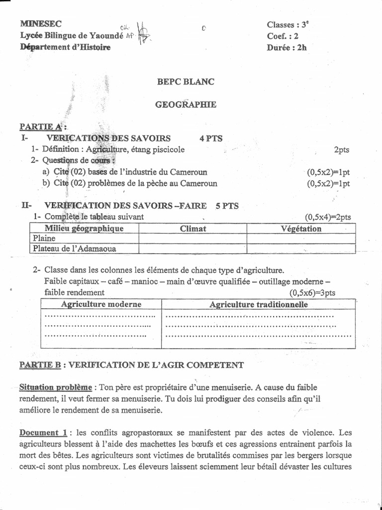 GÉOGRAPHIE LYCÉE BILINGUE DE YAONDÉ BEPC BLANC 2019 | PDF
