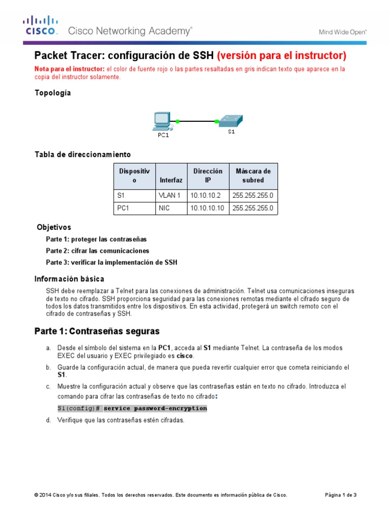 2.3.1.4 Packet Tracer - Configuring SSH Instruction - IG | PDF | Cubierta segura | Estándares de red