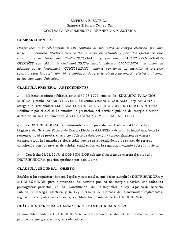 Contrato de Suministro Eléctrico | PDF | Ingenieria Eléctrica | Los ...