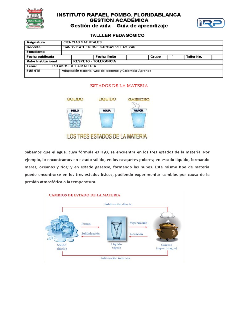 Taller sobre Estados de la Materia | PDF | Propiedades del agua | Importar