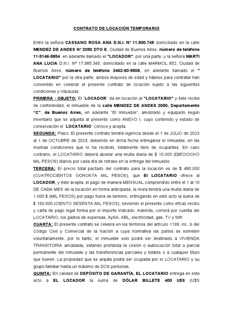 Comparto 'Contrato-de-Locacion-Temporario-Modelo' Contrato | PDF