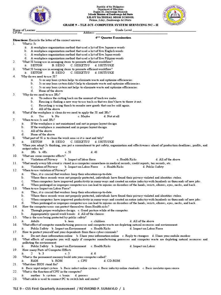 CSS 9 Exam Fourth Quarter | PDF | Bios | Usb Flash Drive