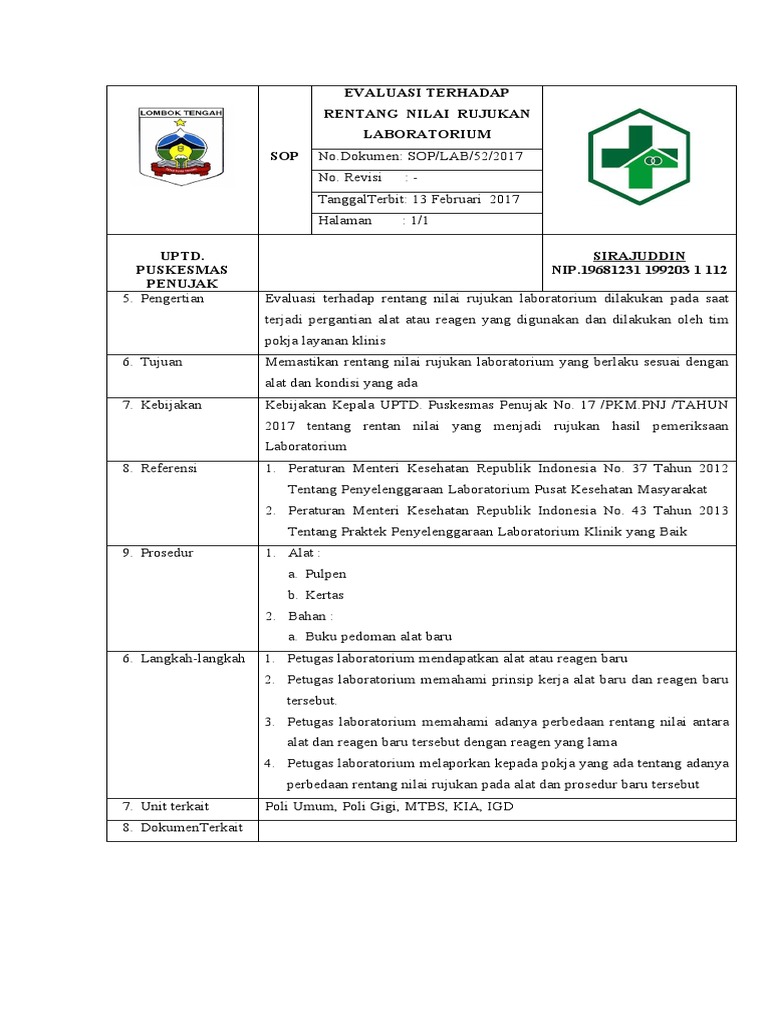 SOP EVALUASI TERHADAP RENTANG NILAI RUJUKAN LABORATORIUM | PDF