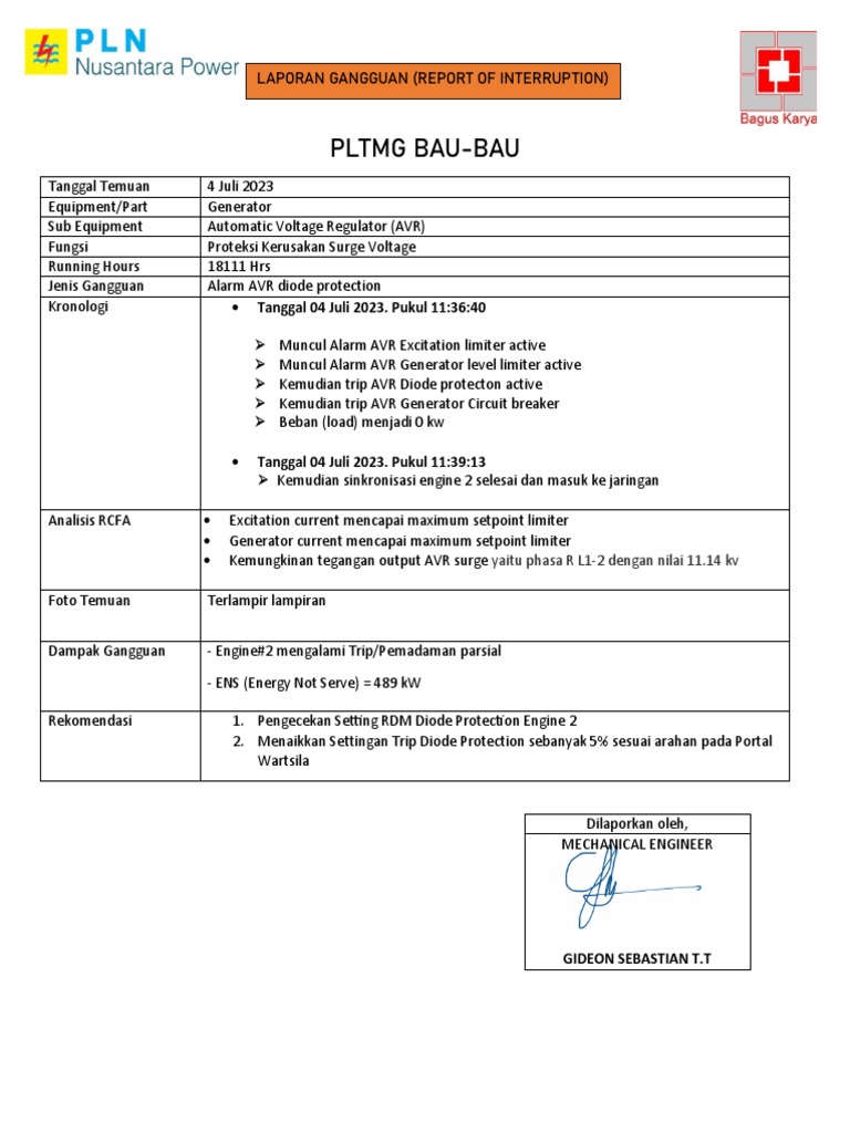 Laporan Gangguan Engine 2 AVR Diode Protection Trip | PDF | Electric ...