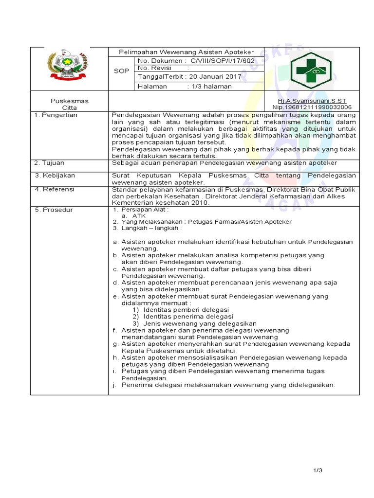Sop Pelimpahan Wewenang Asisten Apoteker Compress | PDF