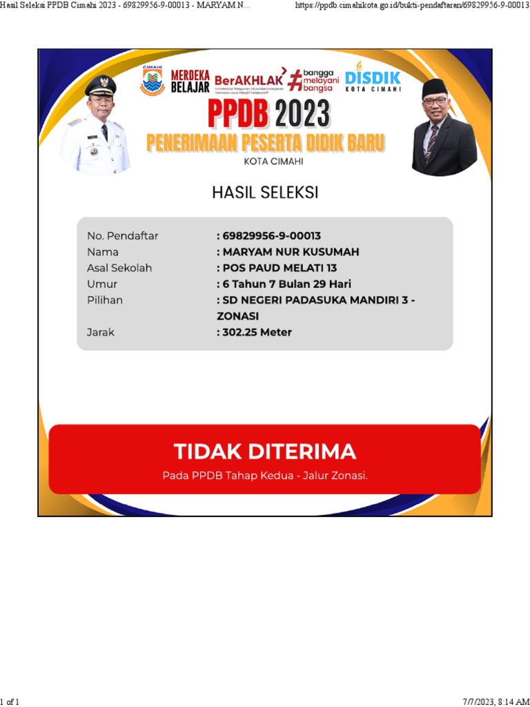 Hasil Seleksi PPDB Cimahi 2023 - 69829956-9-00013 - MARYAM NUR KUSUMAH | PDF
