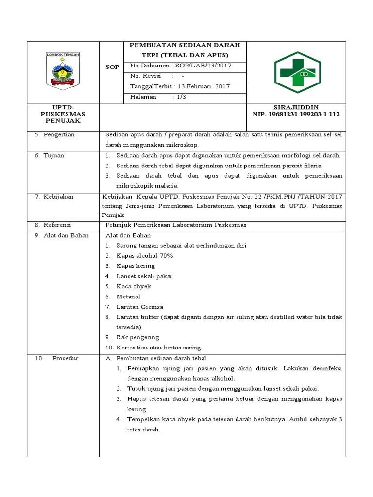 Sop Pembuatan Sediaan Darah Tepi (Tebal Dan Apus) | PDF | Kesehatan Holistik