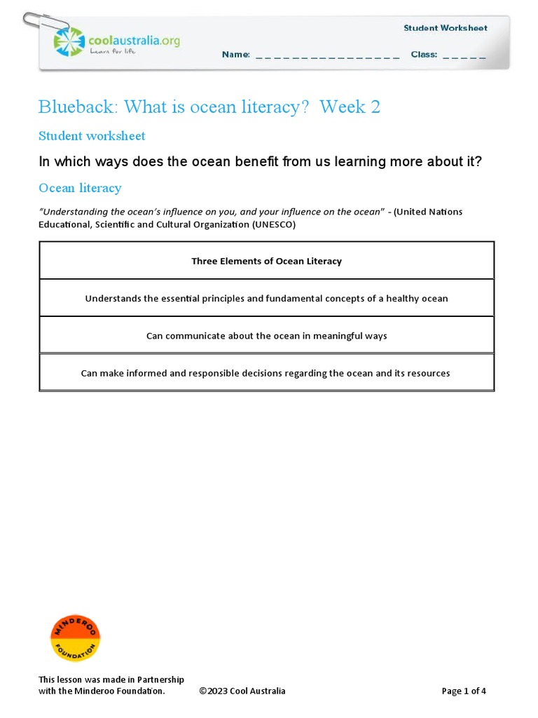 Blueback What Is Ocean Literacy Week 2-Student Worksheet 1 | PDF ...