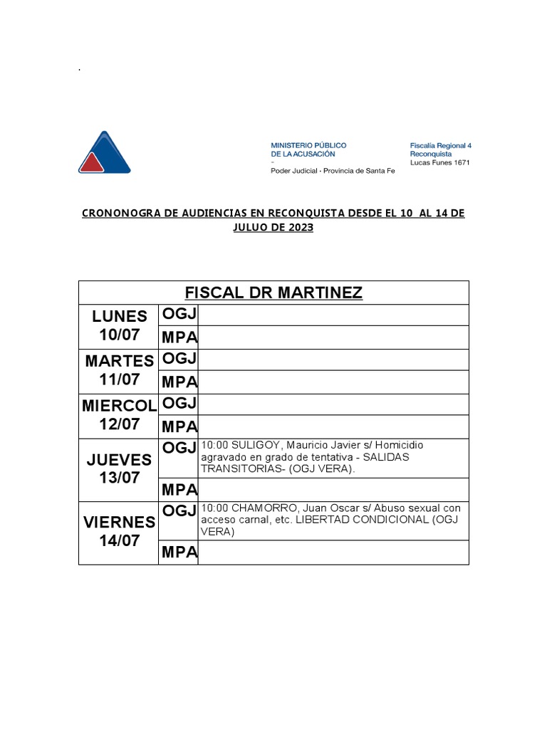 Cronograma de Audiencias en Reconquista Desde El 10 Al 14 de Julio de ... Cronograma de Audiencias en Reconquista Desde El 10 Al 14 de Julio de ...