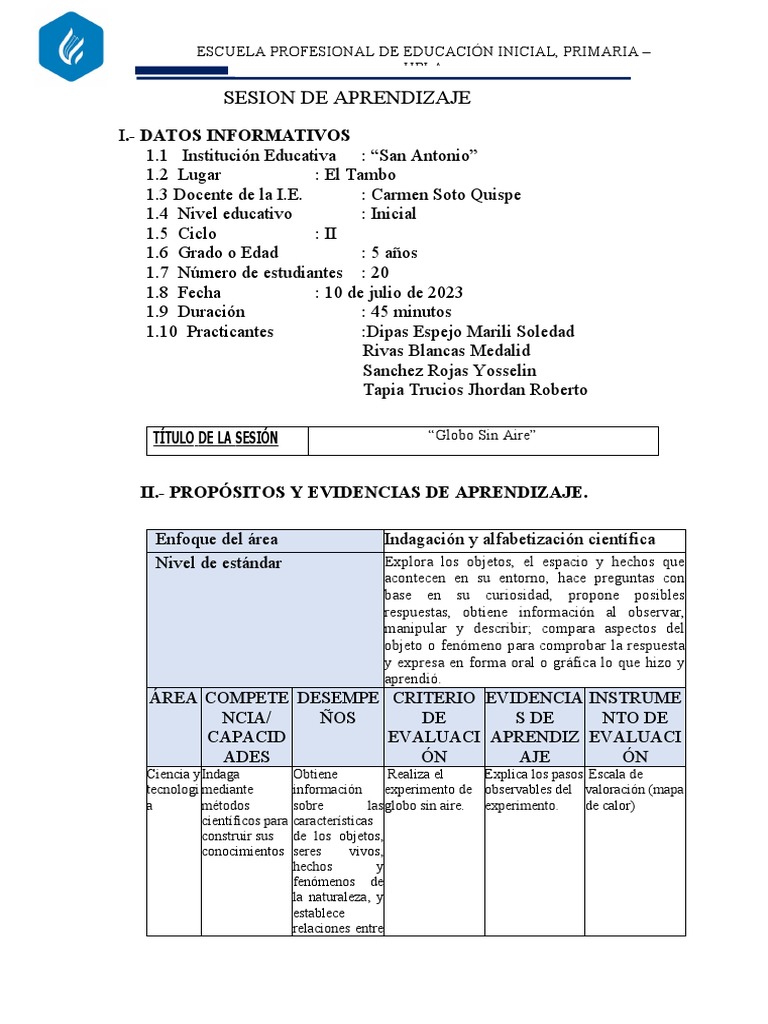 Sesion de Aprendizaje Cta | PDF | Experimentar | Evaluación