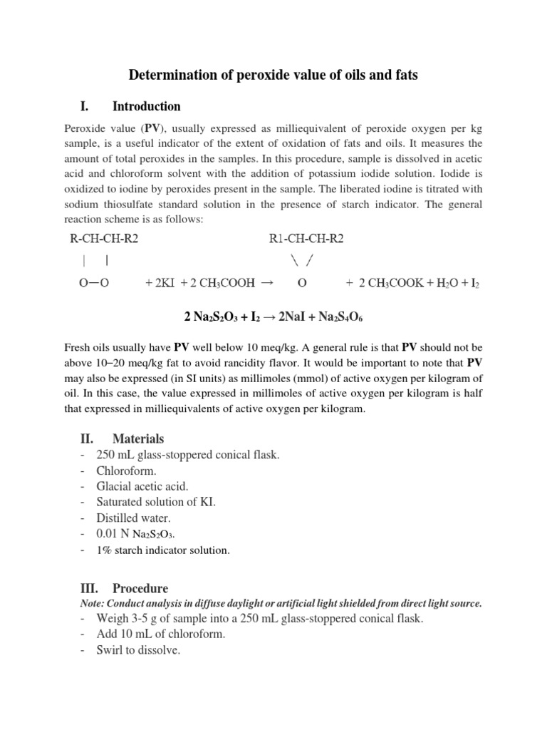Peroxide Value Determination in Oils | PDF | Science & Mathematics