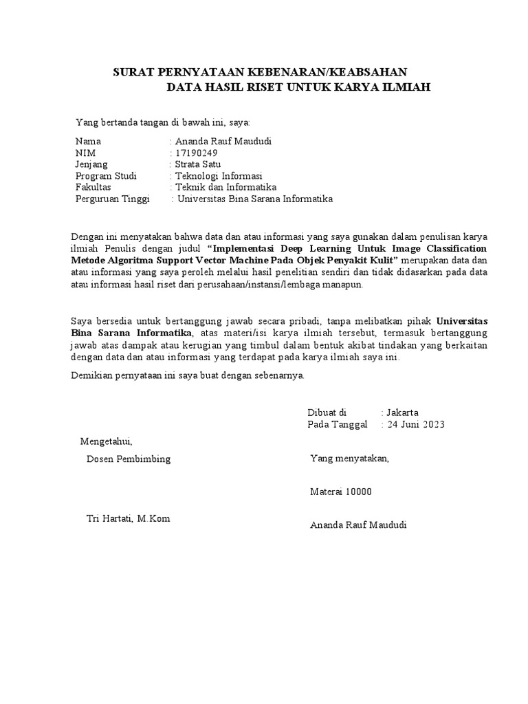 Surat Pernyataan Keabsahan Data | PDF