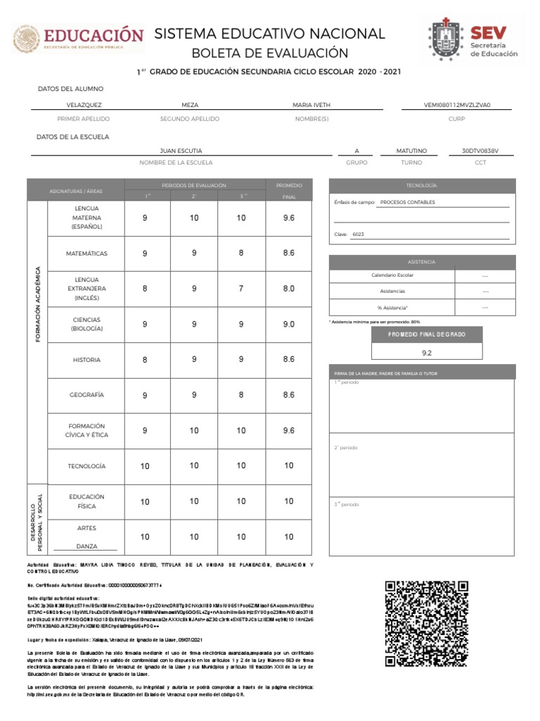 Boleta de Primero de Secundaria +iveth+ | PDF