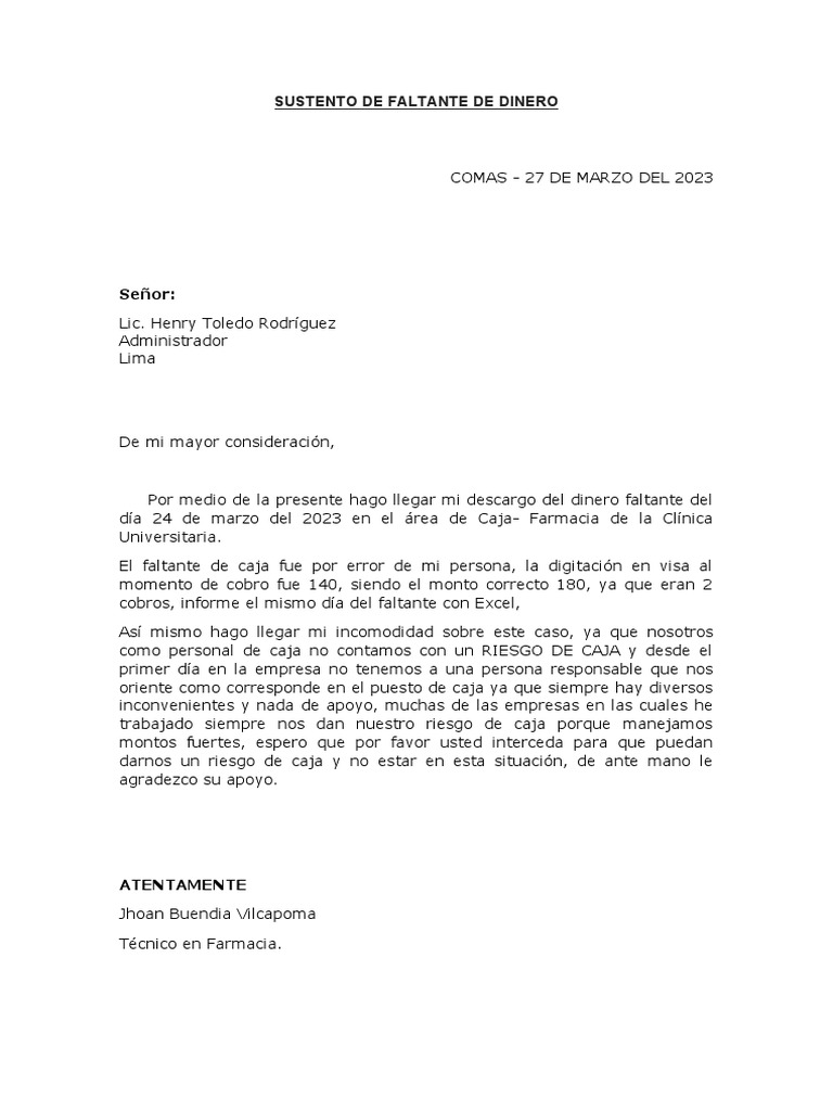 SUSTENTO DE FALTANTE DE DINERO | PDF
