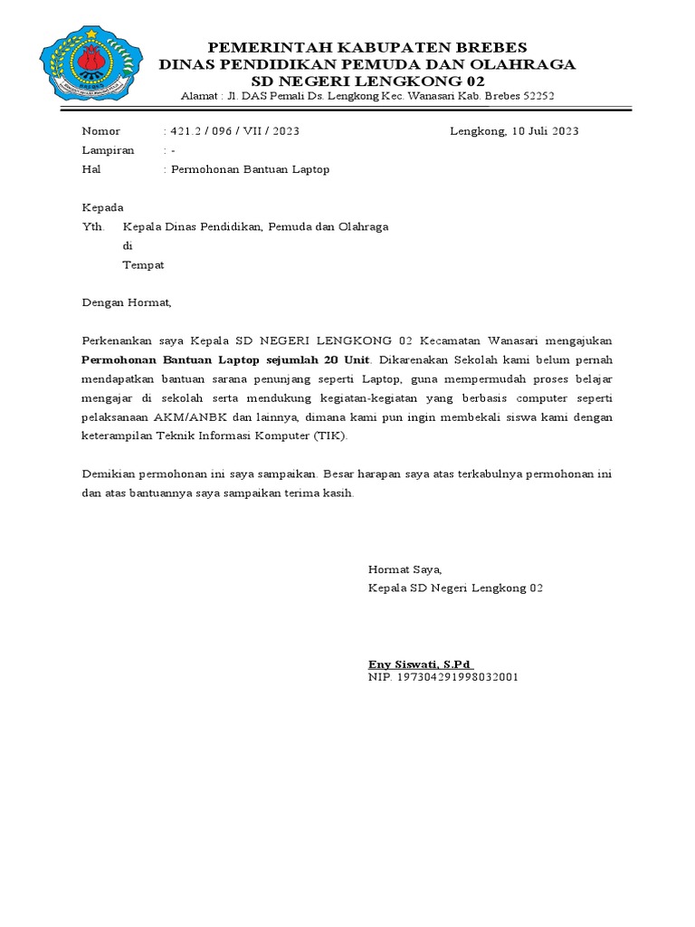surat Permohonan Bantuan Laptop | PDF