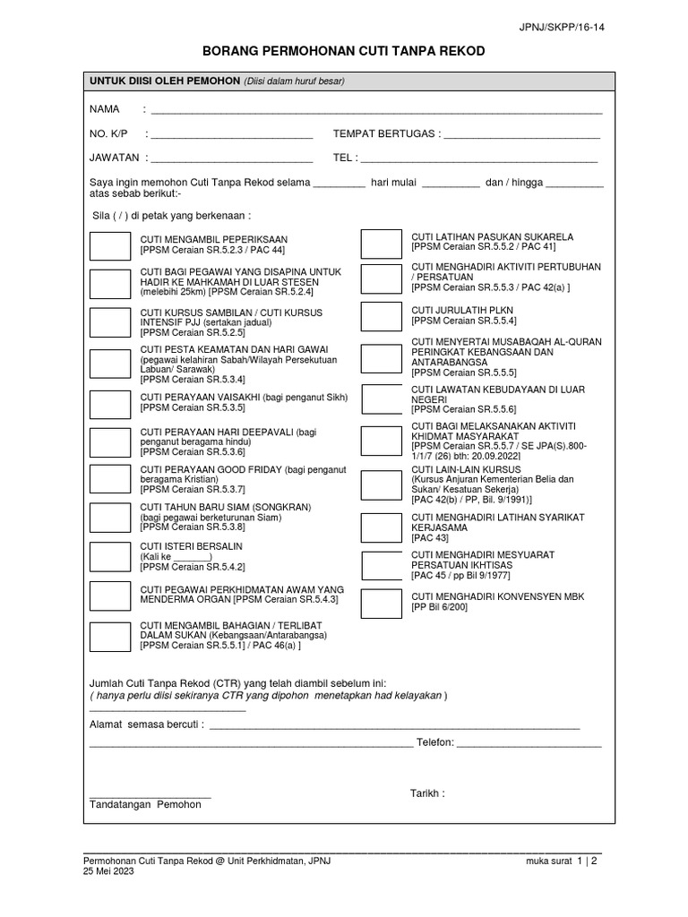 LATEST Borang Permohonan Cuti Tanpa Rekod 1 0 Edit 25 Mei 2023 | PDF