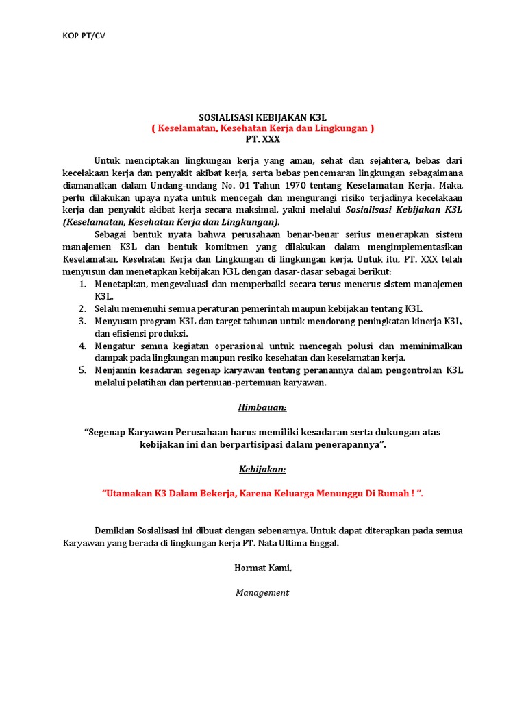 Contoh Kebijakan Sosialisasi K3L | PDF