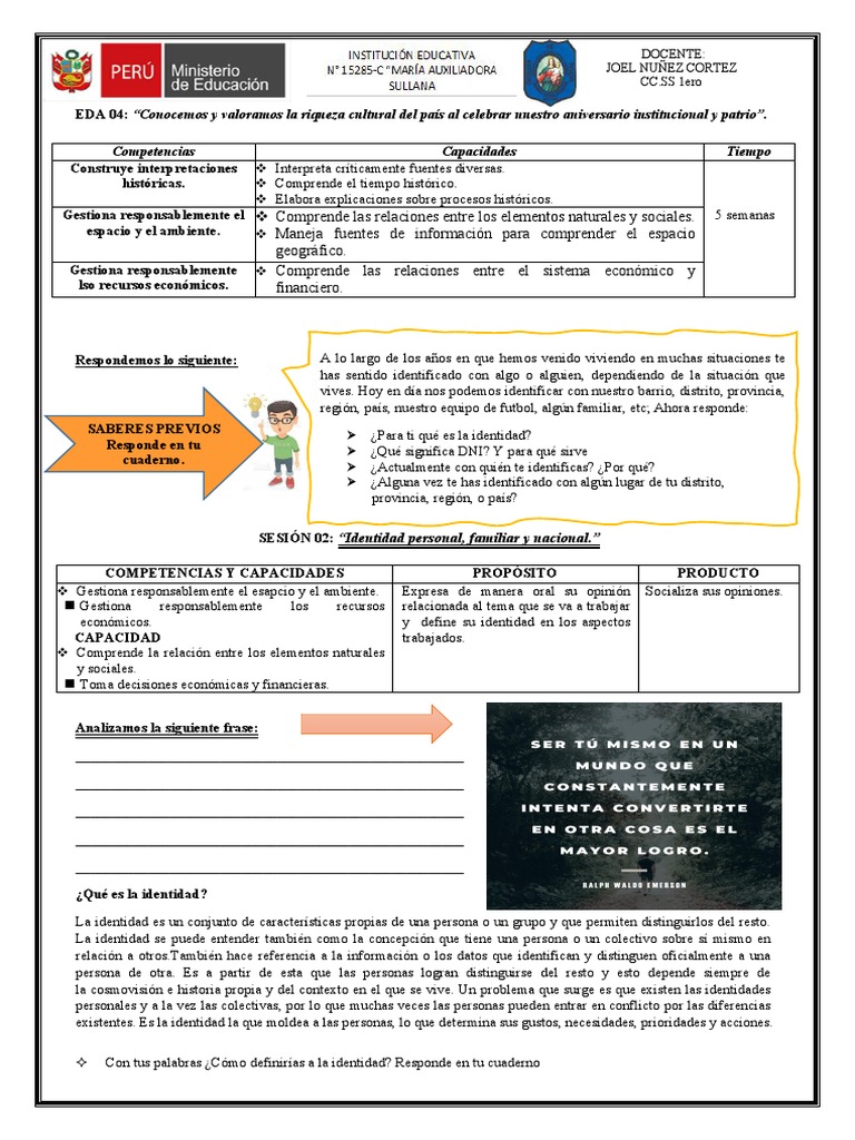 Ficha 01 Identidad Personal Familiar y Nacional | PDF | Nación