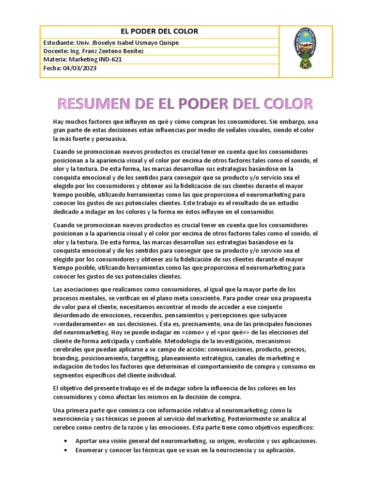 Usmayo Quispe Jhoselyn - El Poder Del Color | PDF | Cerebro | Las emociones