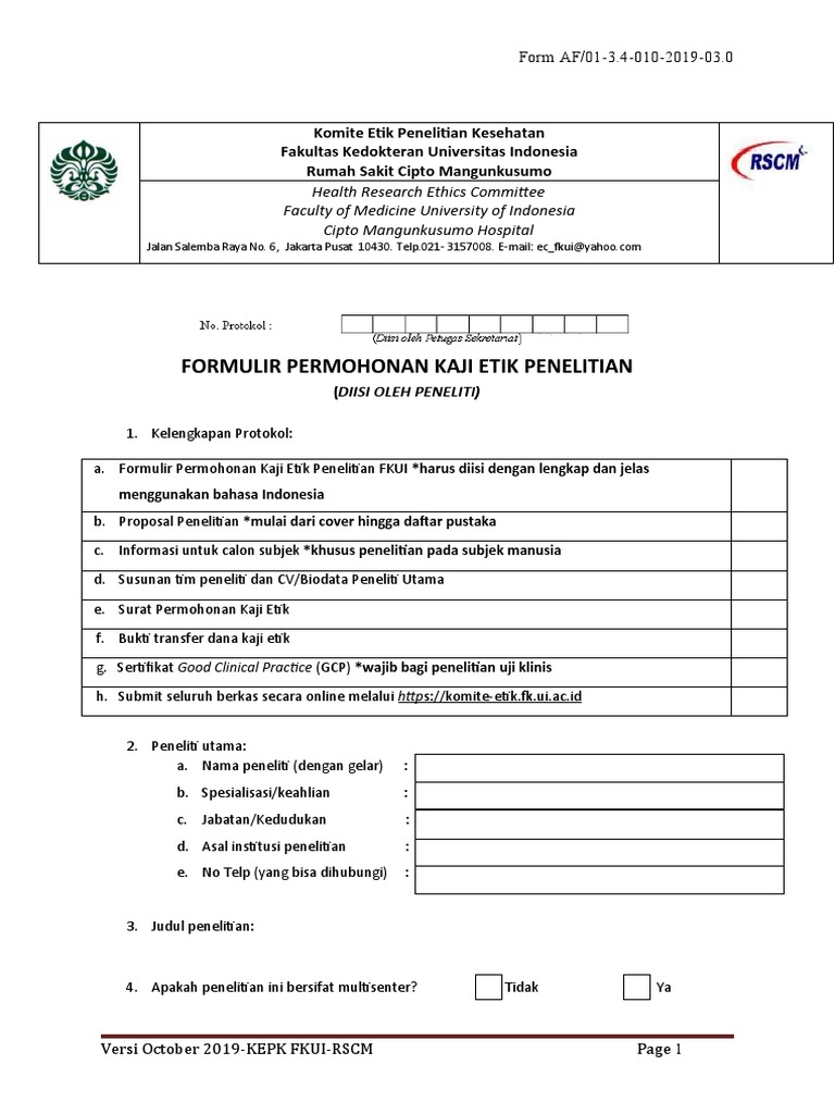 c1. Formulir Etik (Subjek Manusia) | PDF