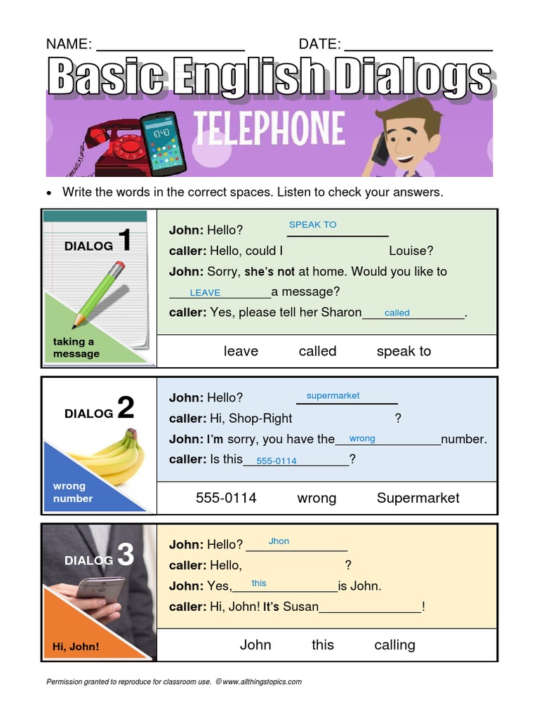 Basic English Dialogs Telephone 1 2 | PDF