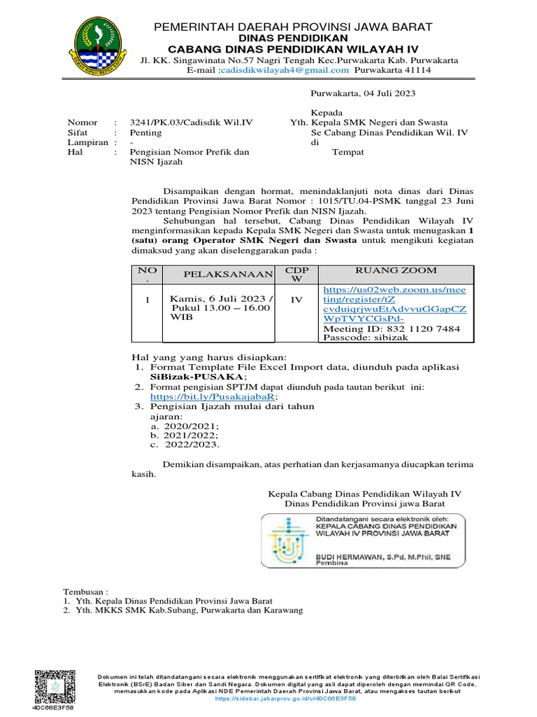3241 Edaran Pengisian Prefik Dan NISN Ijazah 04072023 075422 Signed | PDF
