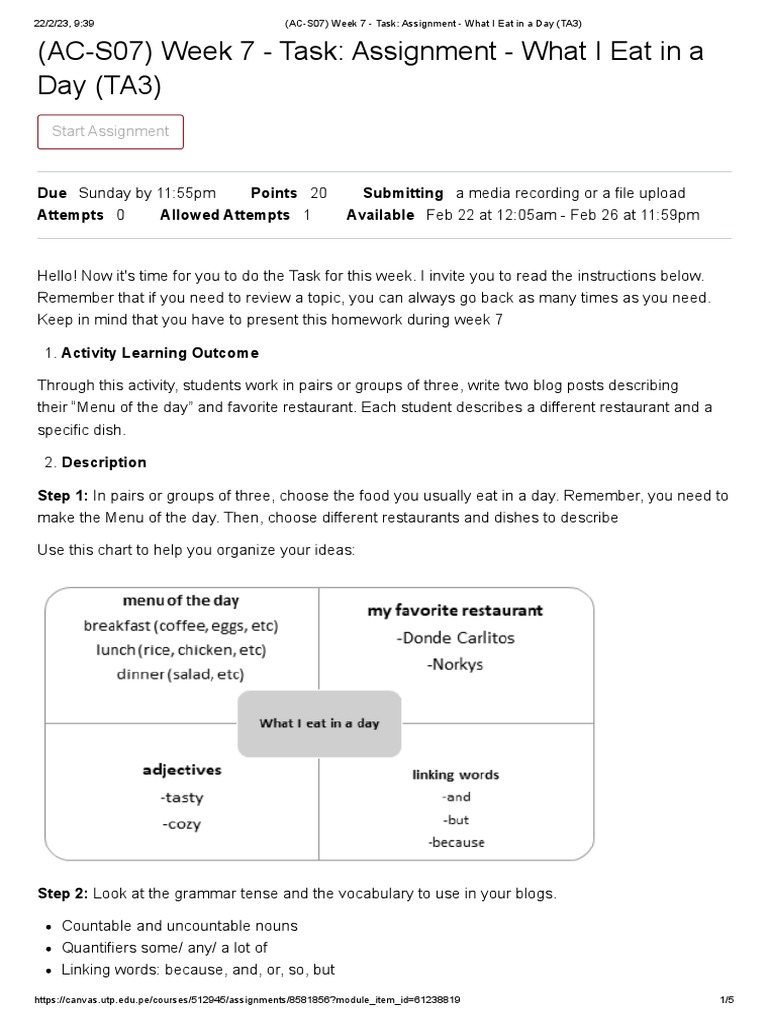 (AC-S07) Week 7 - Task - Assignment - What I Eat in A Day (TA3) | PDF | Orthography | Grammar