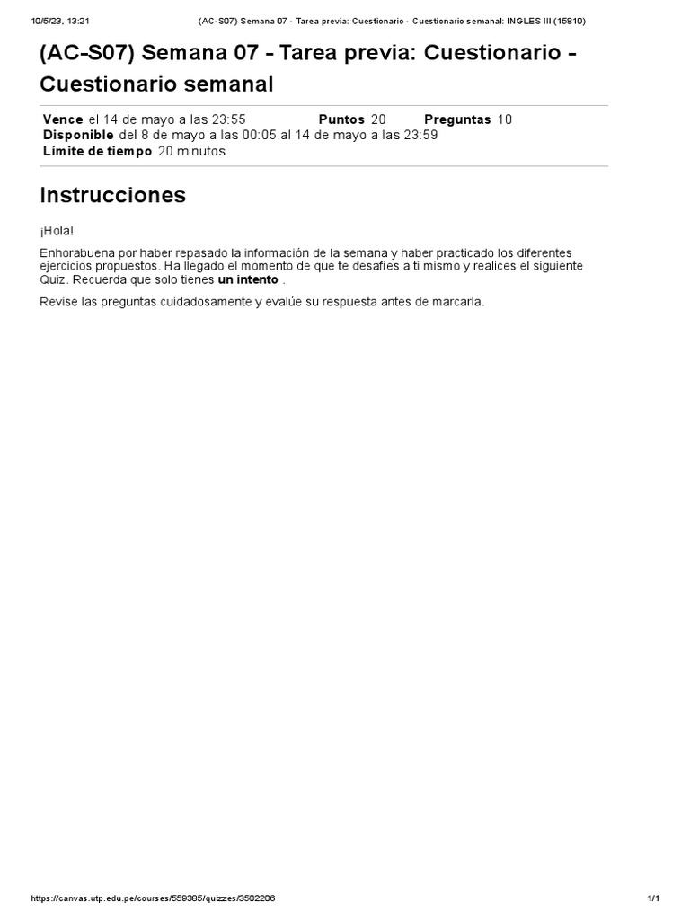 (AC-S07) Semana 07 - Tarea Previa - Cuestionario - Cuestionario Semanal - INGLES III (15810) | PDF
