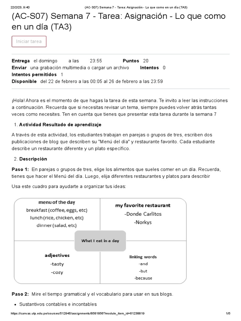 (AC-S07) Semana 7 - Tarea_ Asignación - Lo Que Como en Un Día (TA3) | PDF