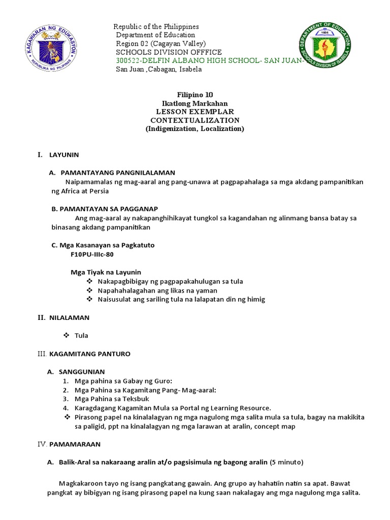 Filipino Kontekstwalisasyon Grade 10 3rd Grading Lesson 3 | PDF
