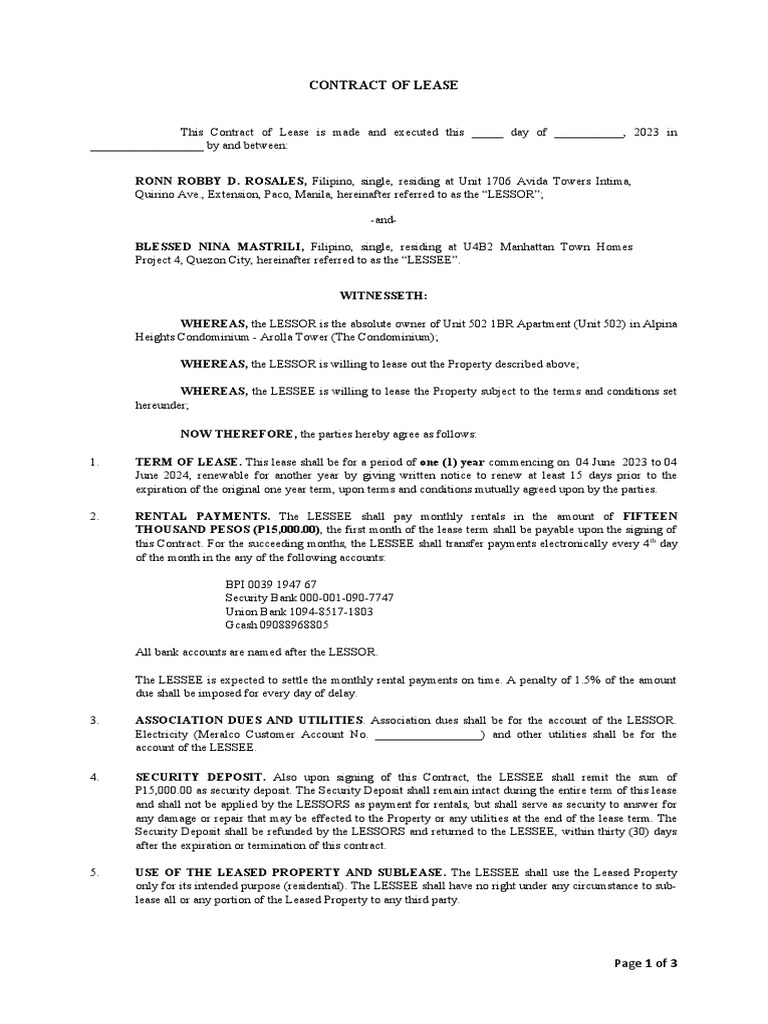 Contract of Lease Unit 502 Alpina Heights - Nina Mastrili | PDF | Lease | Justice