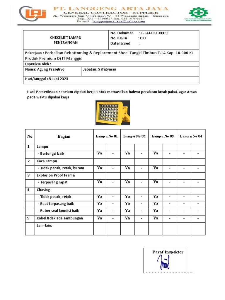 Checklist Lampu Penerangan Laj | PDF