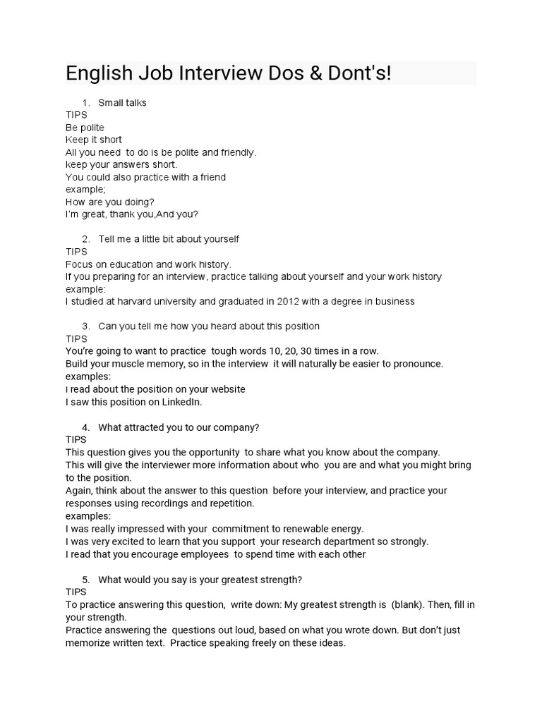 English Job Interview Dos & Dont's | PDF