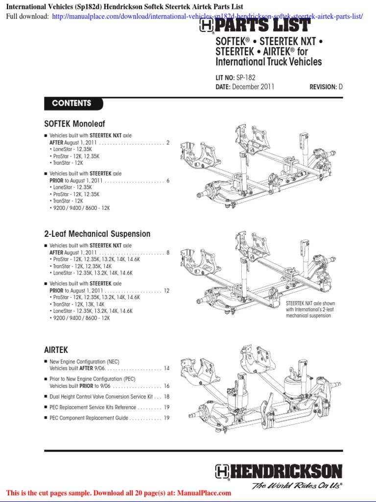 International Vehicles Sp182d Hendrickson Softek Steertek Airtek Parts List | PDF