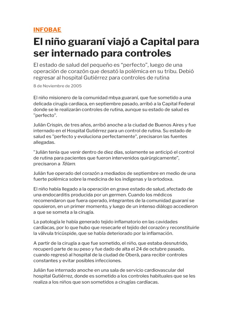 INFOBAE - El Niño Guaraní Viajó A Capital para Ser Internado para ...