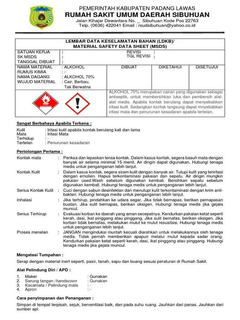 Lembar MSDS Alkohol 70% | PDF
