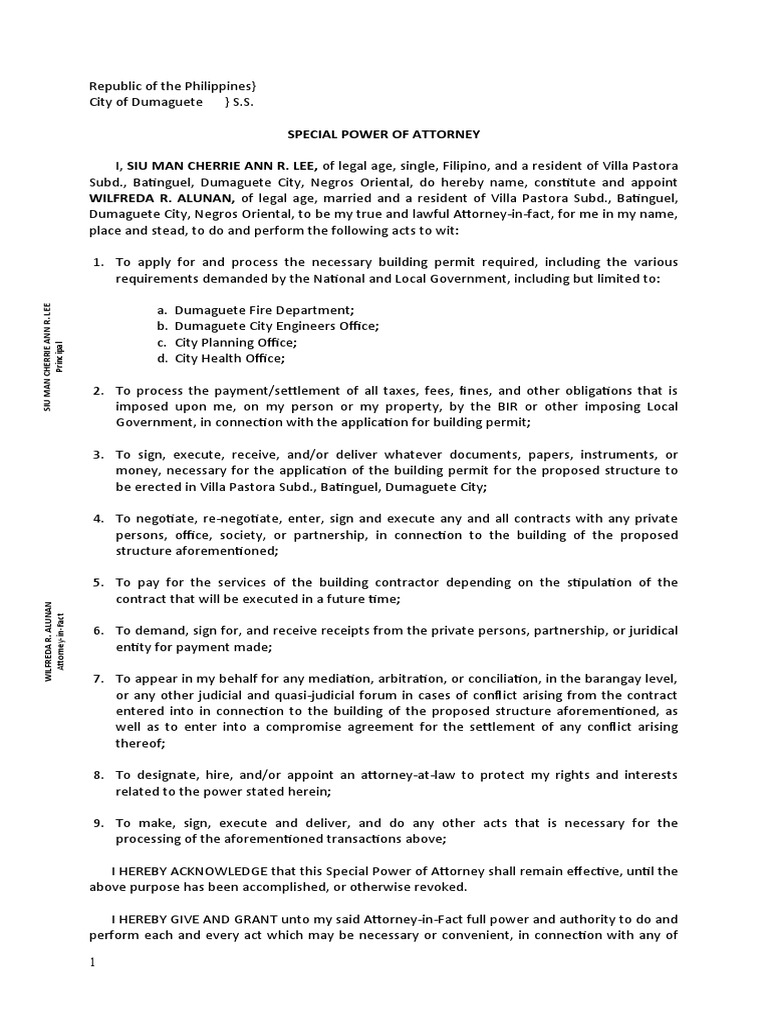 Special Power of Attorney - Lee | PDF | Power Of Attorney | Justice
