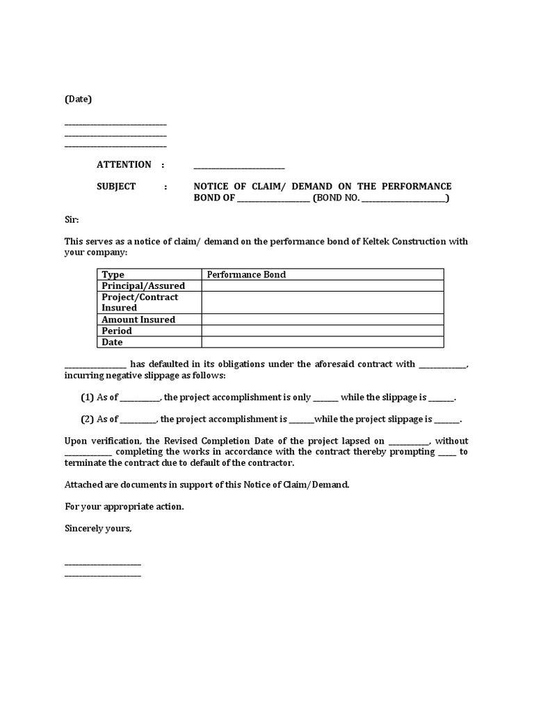 Sample Notice of Claim or Demand On Performance Security | PDF