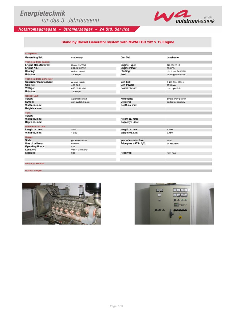 Stand by Diesel Generator System With MWM TBD 232 V 12 Engine | PDF