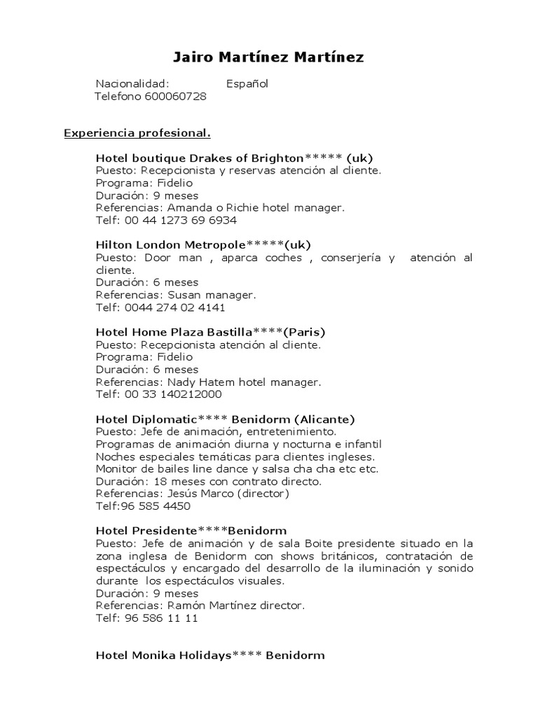 CV Jairo Martínez Martínez (1) | PDF | Hotel | Ocio